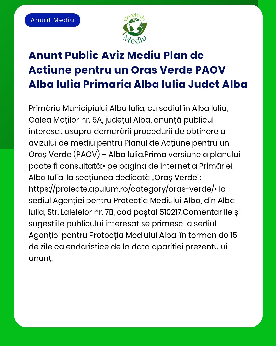 Anunt Public Aviz Mediu Plan de Actiune pentru un Oras Verde