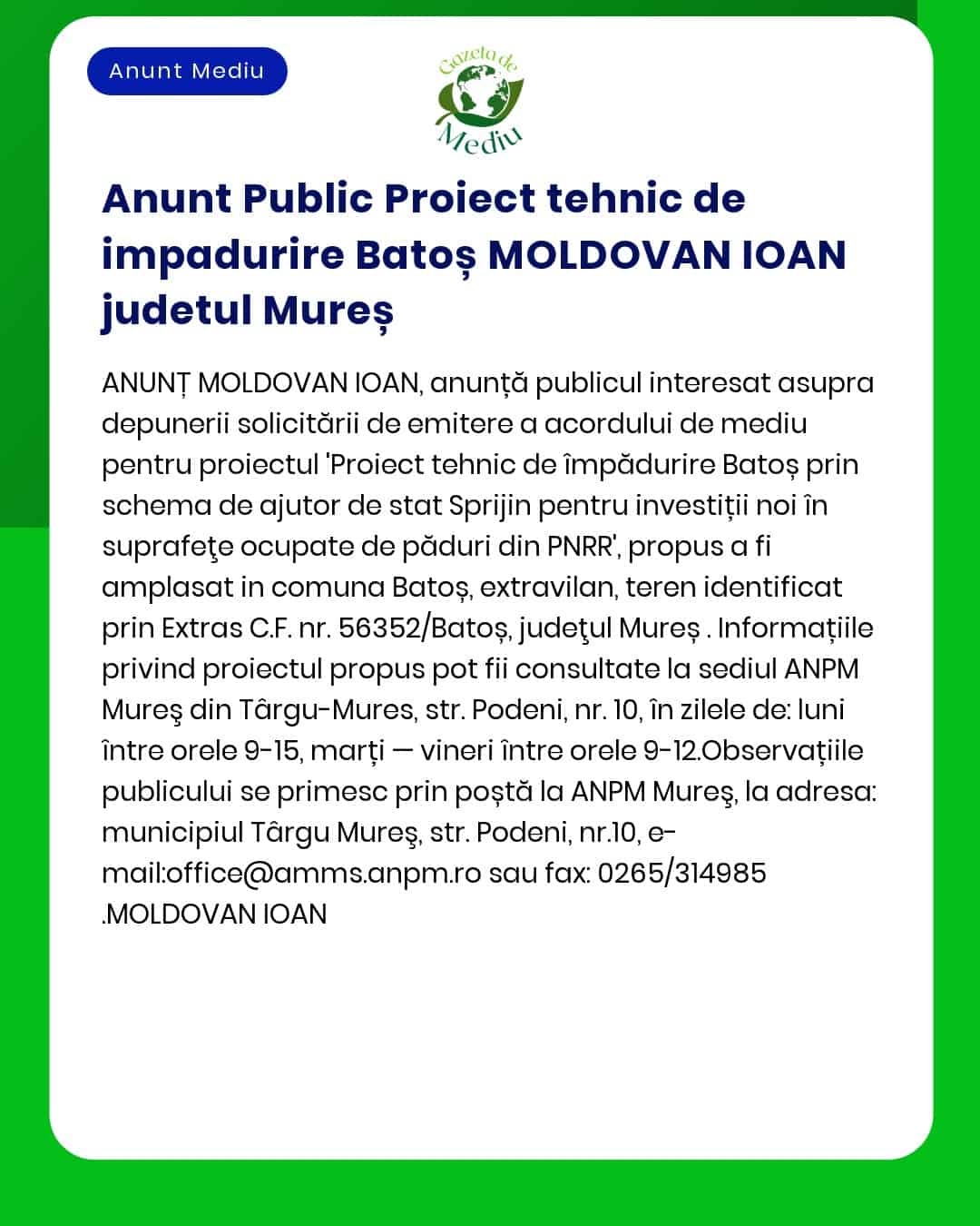 Anunt Public Proiect tehnic de impadurire Batos Moldovan