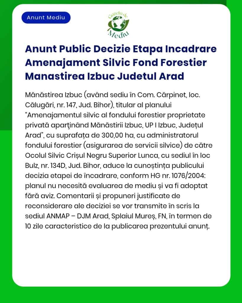 Anunt Public Decizie Etapa Incadrare Amenajament Silvic Fond