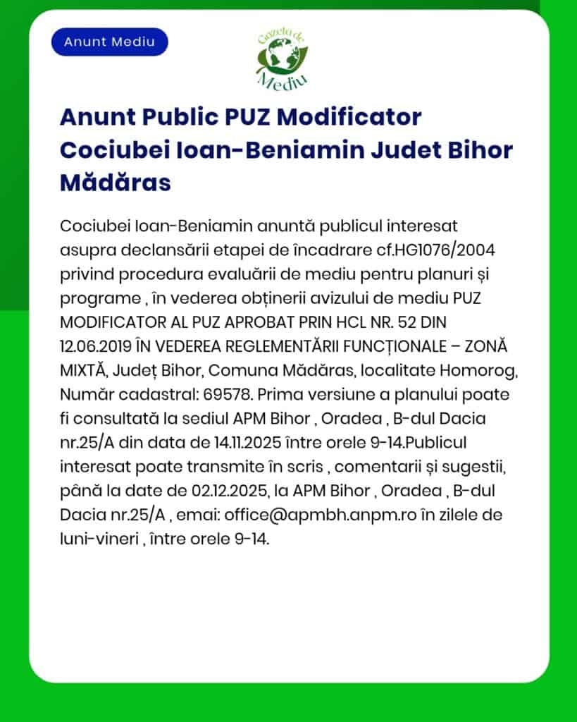 Anunt Public PUZ Modificator Cociubei Ioan-Beniamin Judet