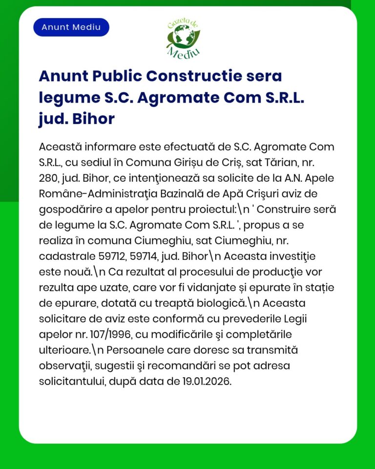 Anunt Public Constructie sera legume S.C. Agromate Com