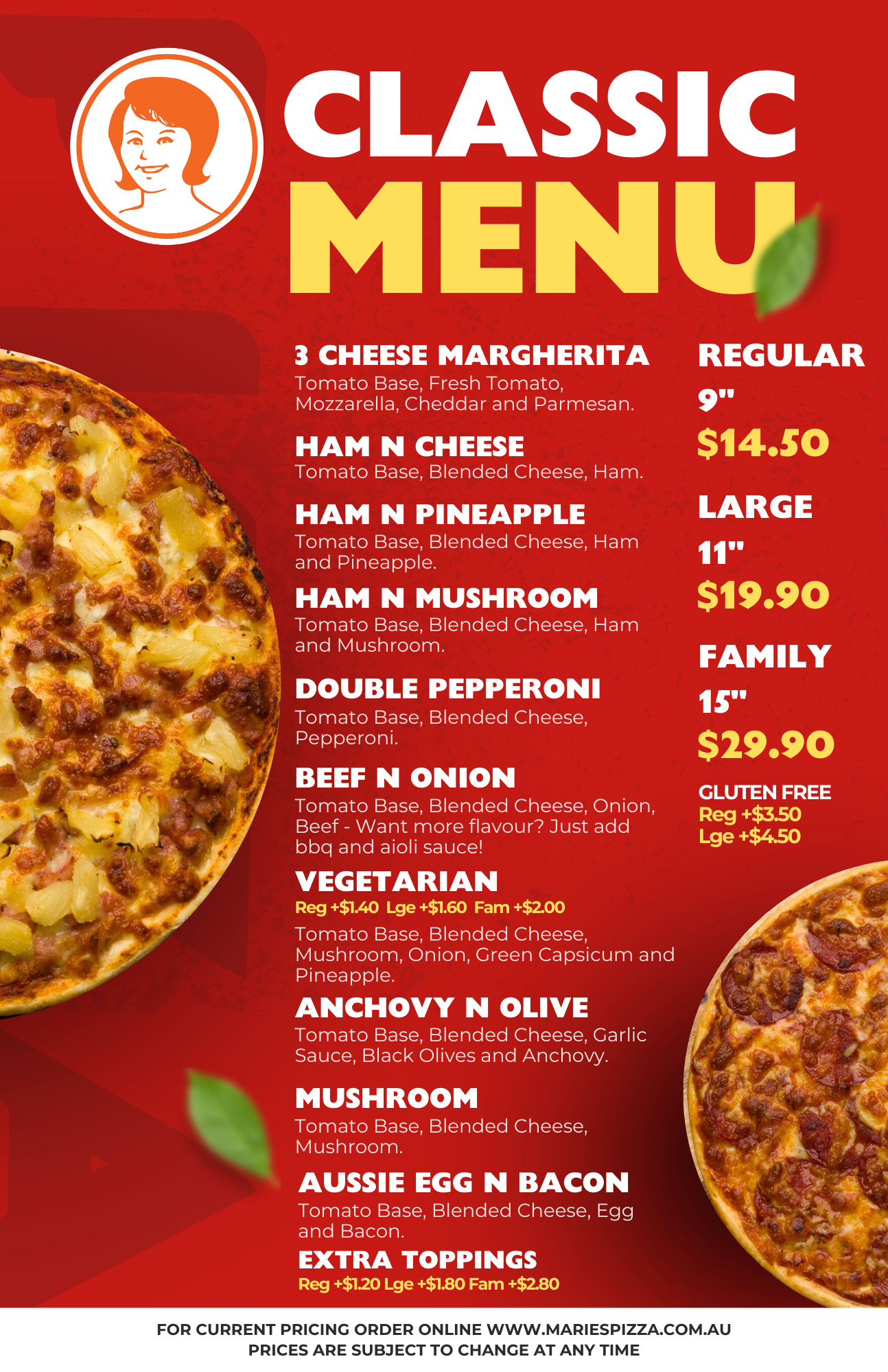 Maries Pizza Menu 2025 | Online & Downloadable Pizza Menu