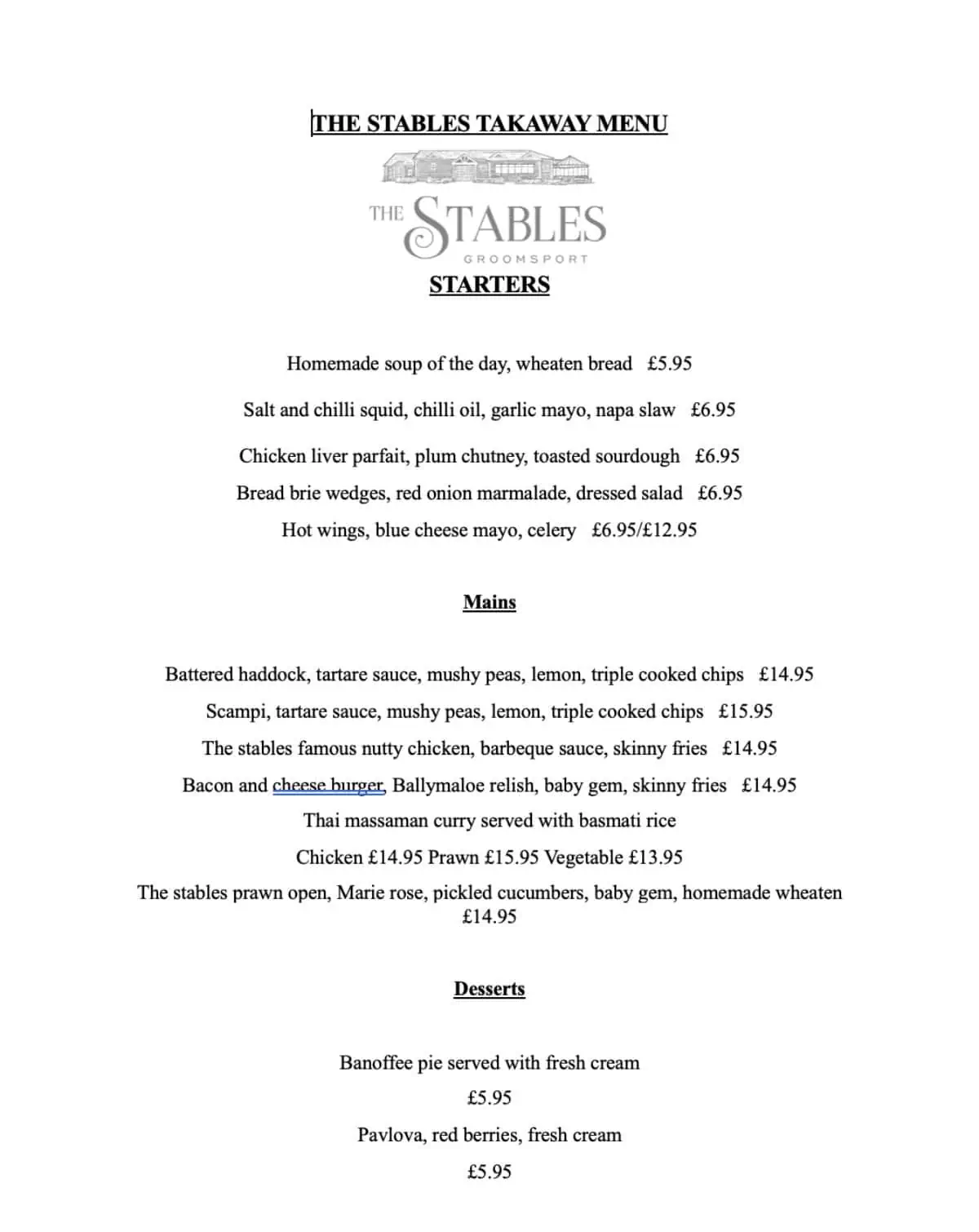 Restaurant Menus | The Stables Groomsport