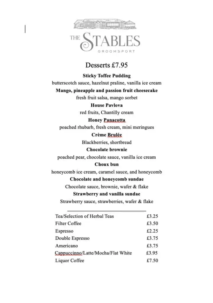 Restaurant Menus | The Stables Groomsport