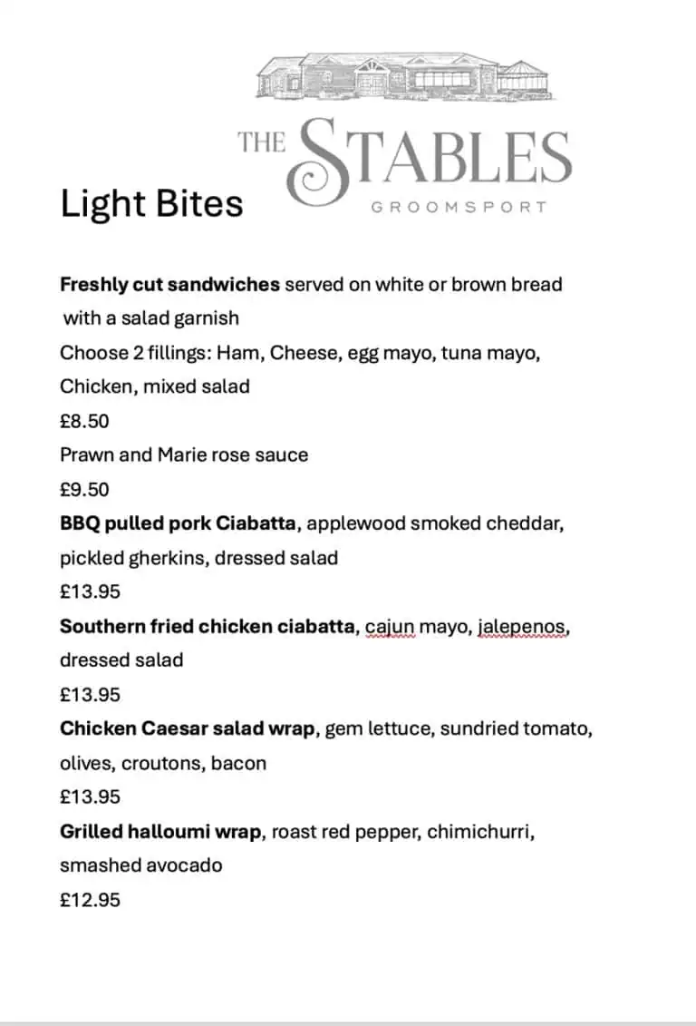 Restaurant Menus | The Stables Groomsport