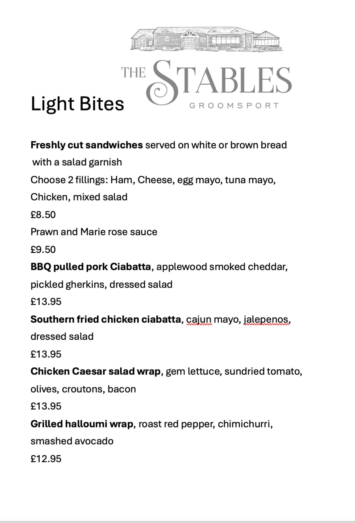Restaurant Menus | The Stables Groomsport